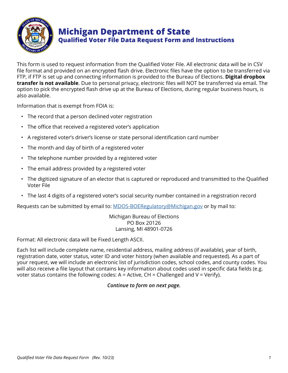 Michigan Qualified Voter File Data Request Form Download Fillable PDF ...