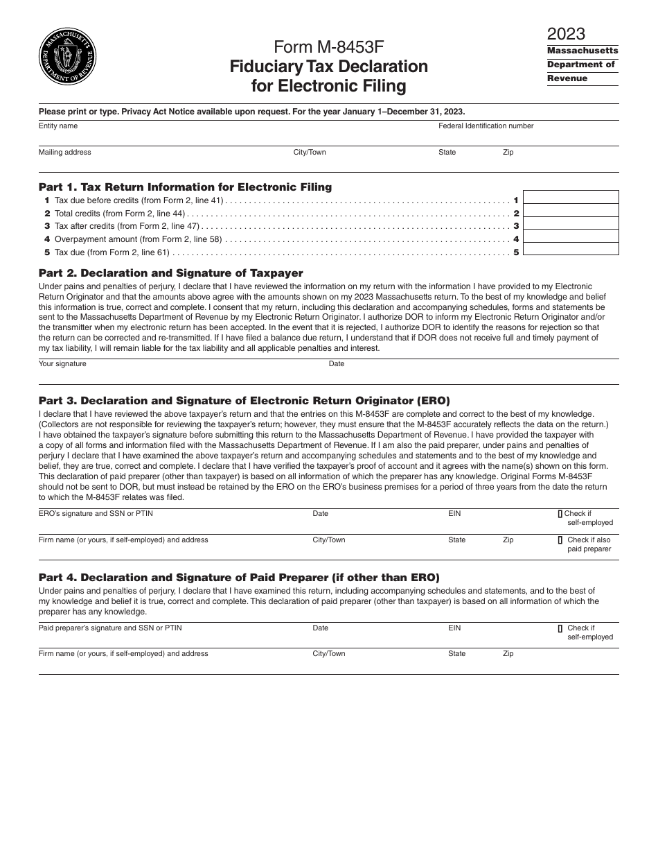 Form M-8453F Download Printable PDF or Fill Online Fiduciary Tax ...