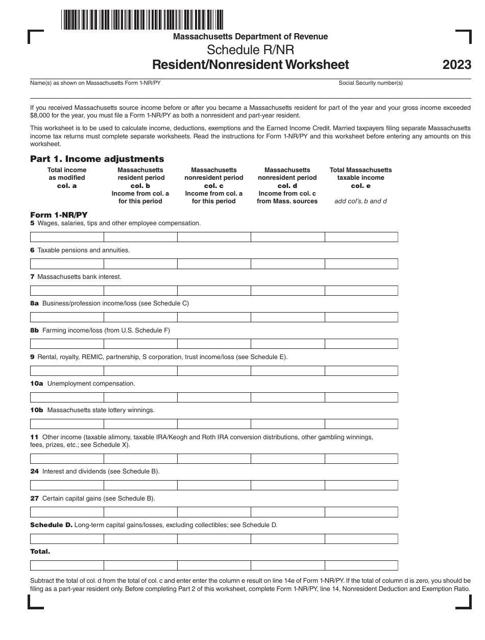Schedule R/NR Download Fillable PDF or Fill Online Resident/Nonresident ...