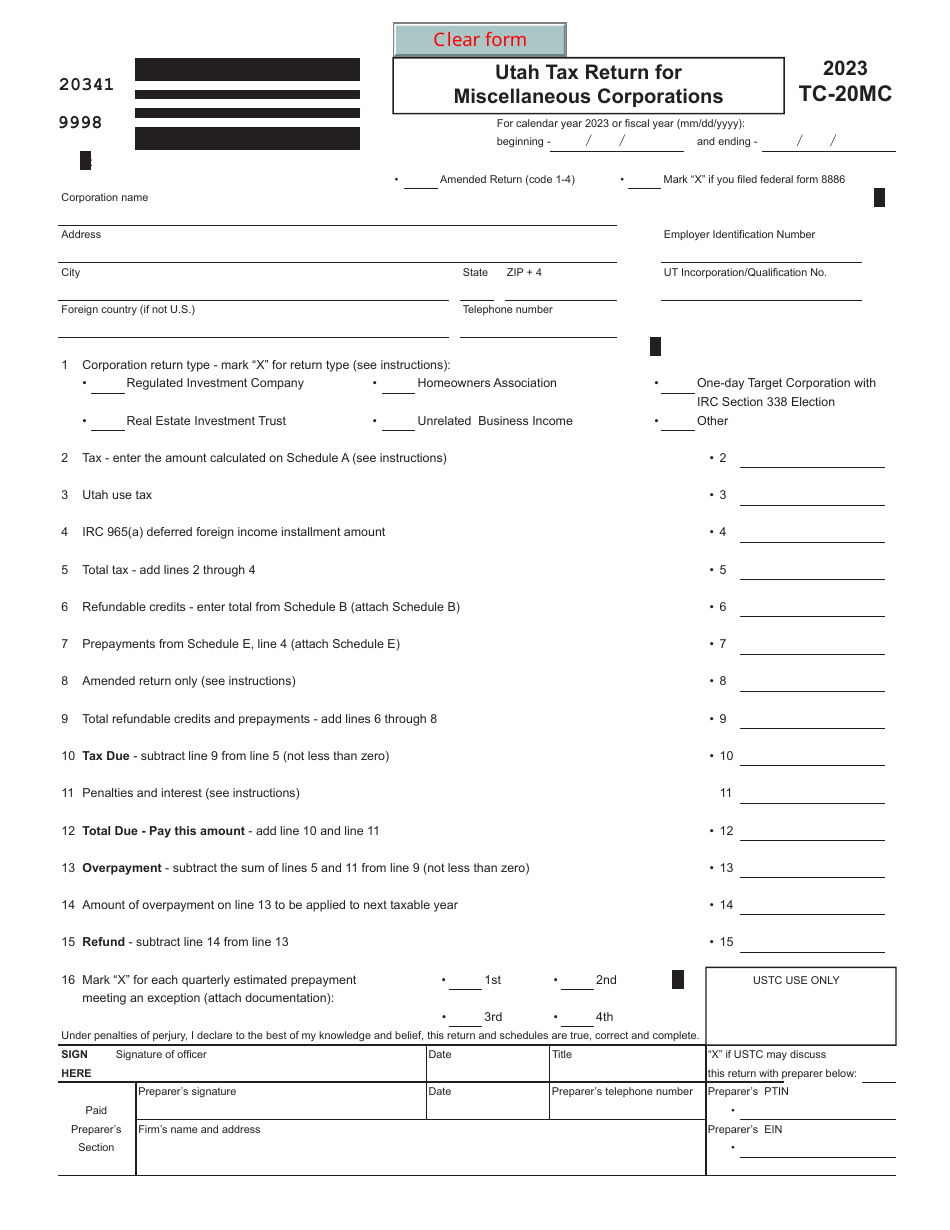 Form TC-20MC Download Fillable PDF or Fill Online Utah Tax Return for ...