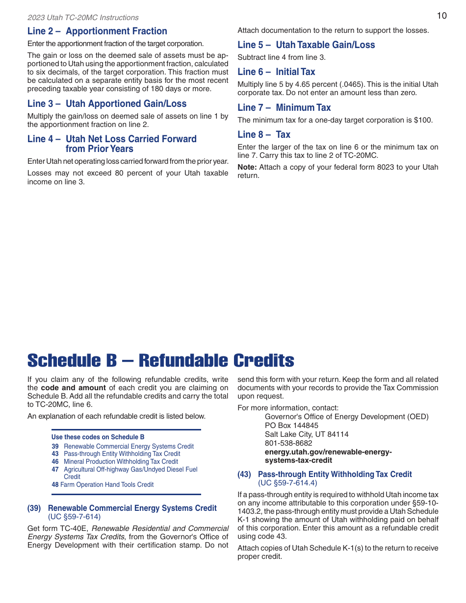 Download Instructions for Form TC-20MC Utah Tax Return for ...