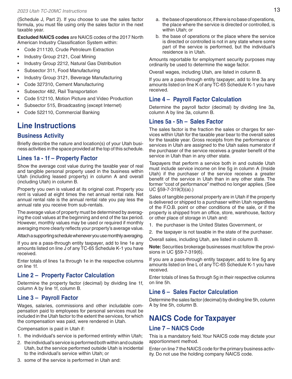 Download Instructions for Form TC-20MC Utah Tax Return for ...
