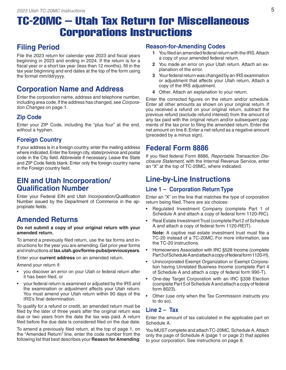 Download Instructions for Form TC-20MC Utah Tax Return for ...