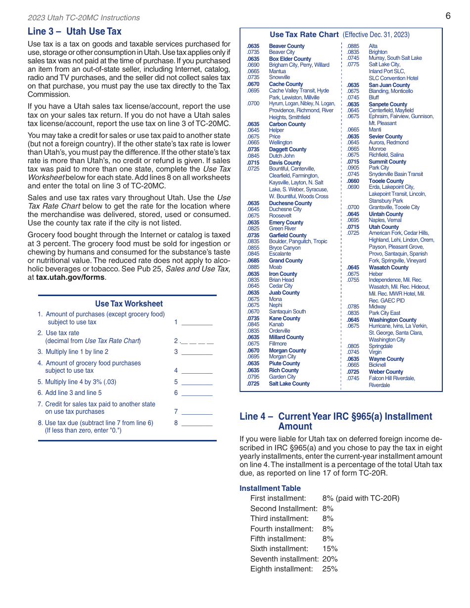 Download Instructions for Form TC-20MC Utah Tax Return for ...