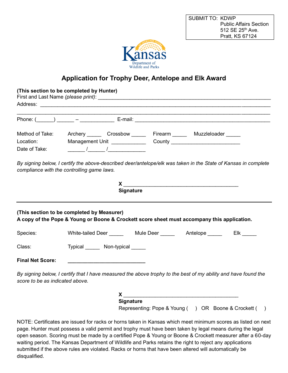 Kansas Application For Trophy Deer Antelope And Elk Award Fill Out