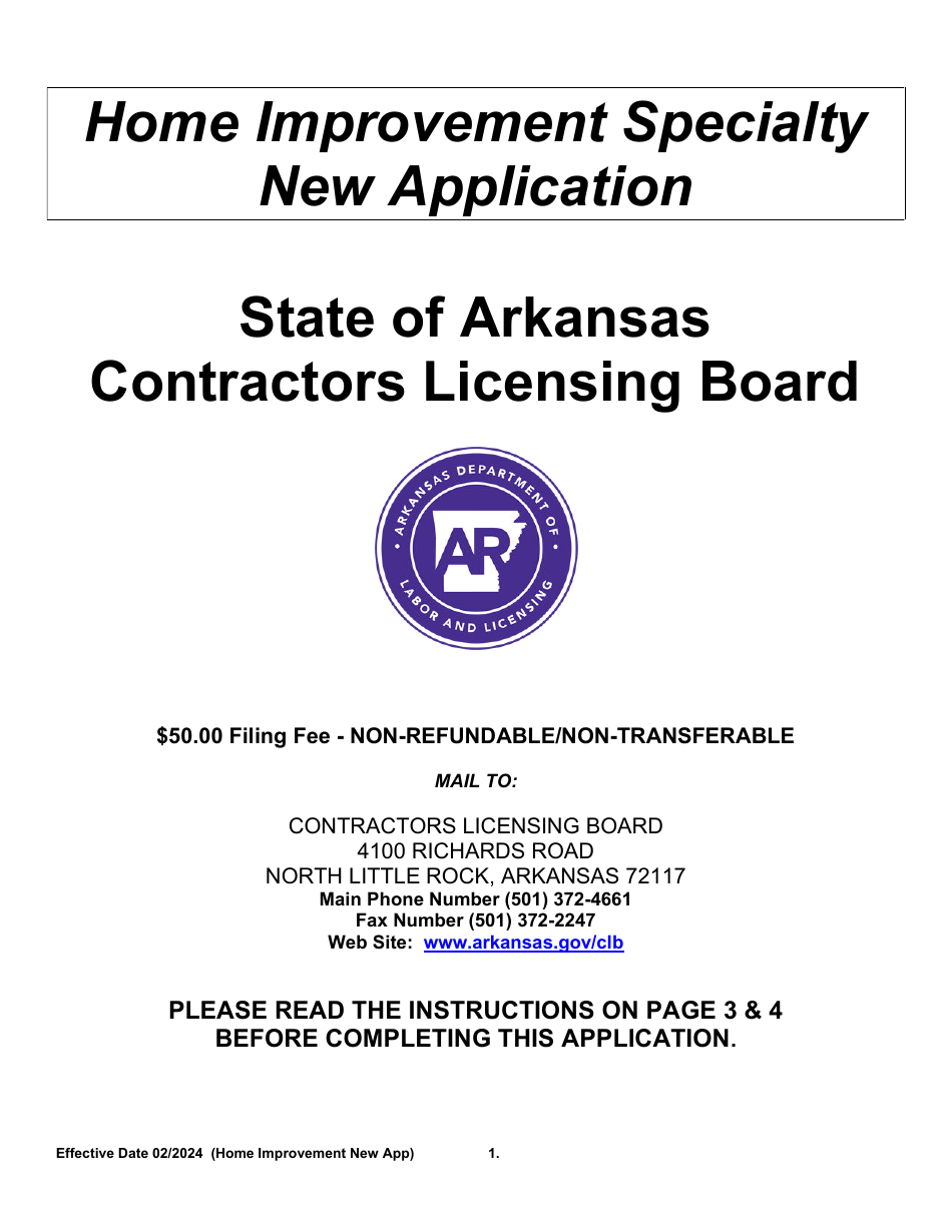 Arkansas Home Improvement Specialty New Application Download Printable ...