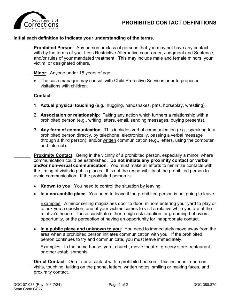 Form DOC07-033 Download Printable PDF or Fill Online Prohibited Contact ...