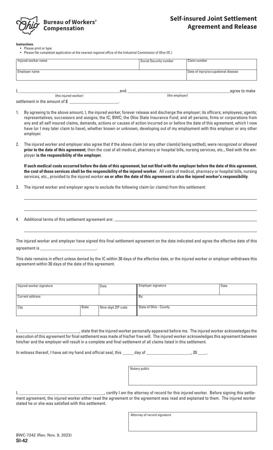 Form SI-42 (BWC-7242) Download Printable PDF or Fill Online Self ...