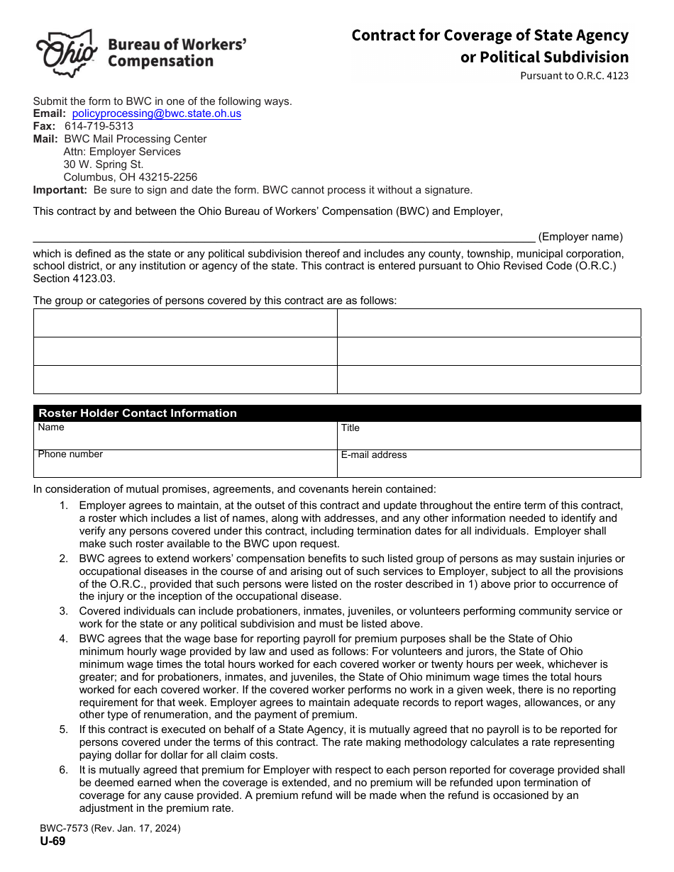 Form U-69 (BWC-7573) Download Printable PDF or Fill Online Contract for ...