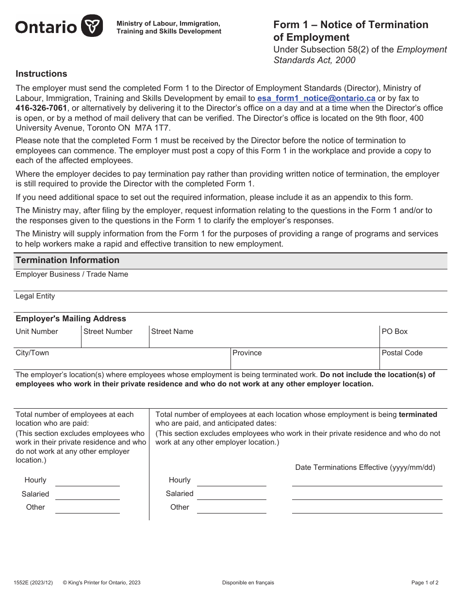 Form 1 (1552E) Download Fillable PDF or Fill Online Notice of ...