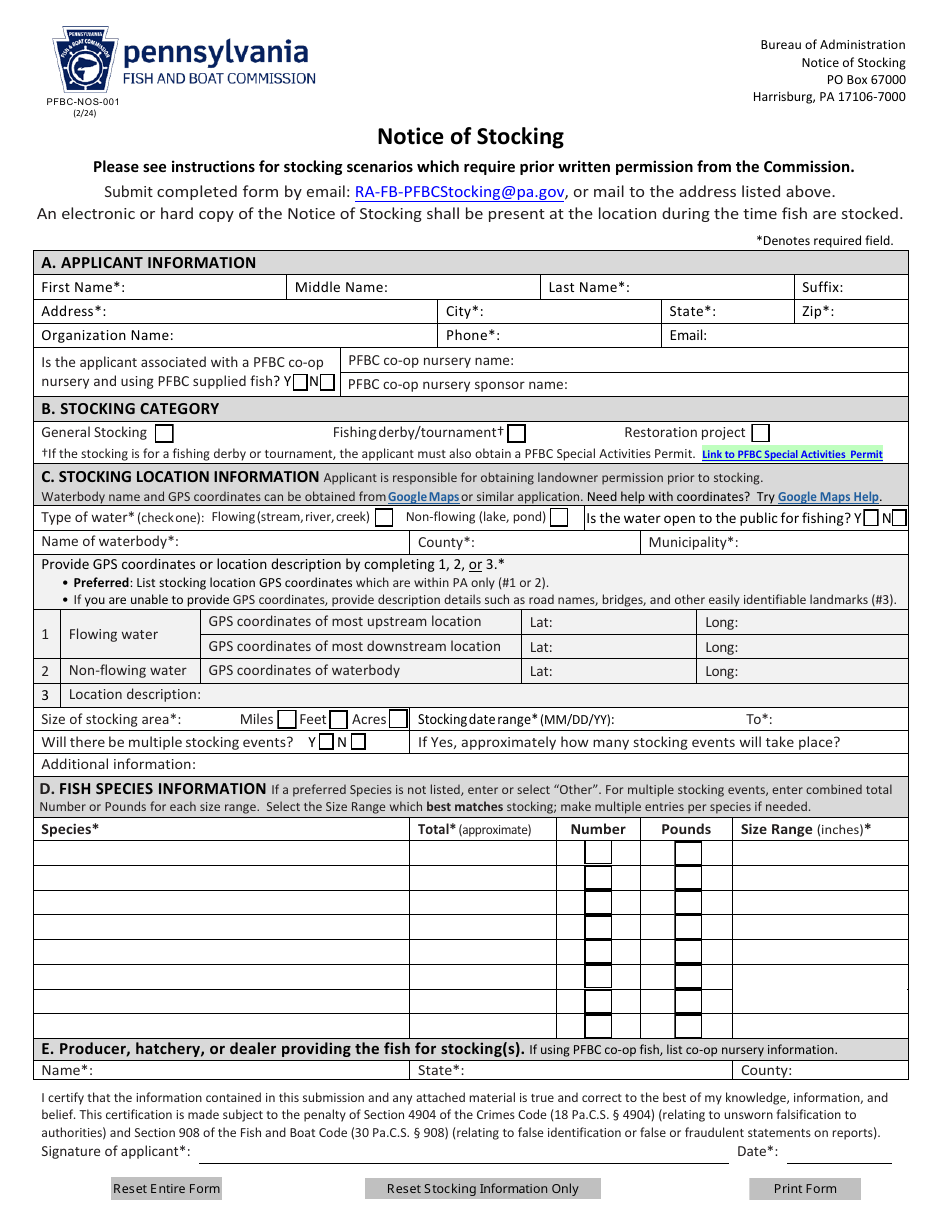 Form PFBC-NOS-001 - Fill Out, Sign Online and Download Fillable PDF ...