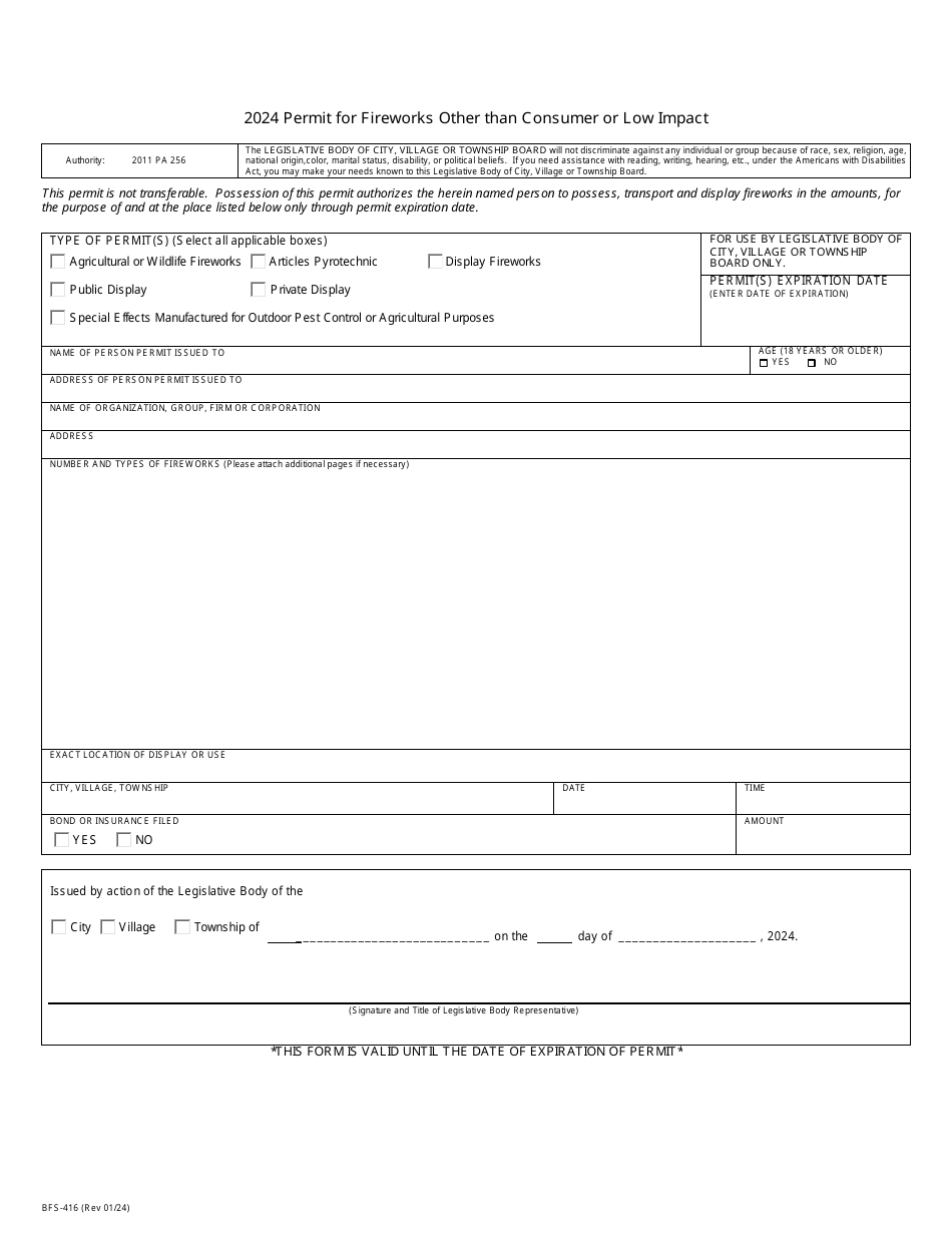 Form BFS-416 Download Printable PDF or Fill Online Permit for Fireworks ...