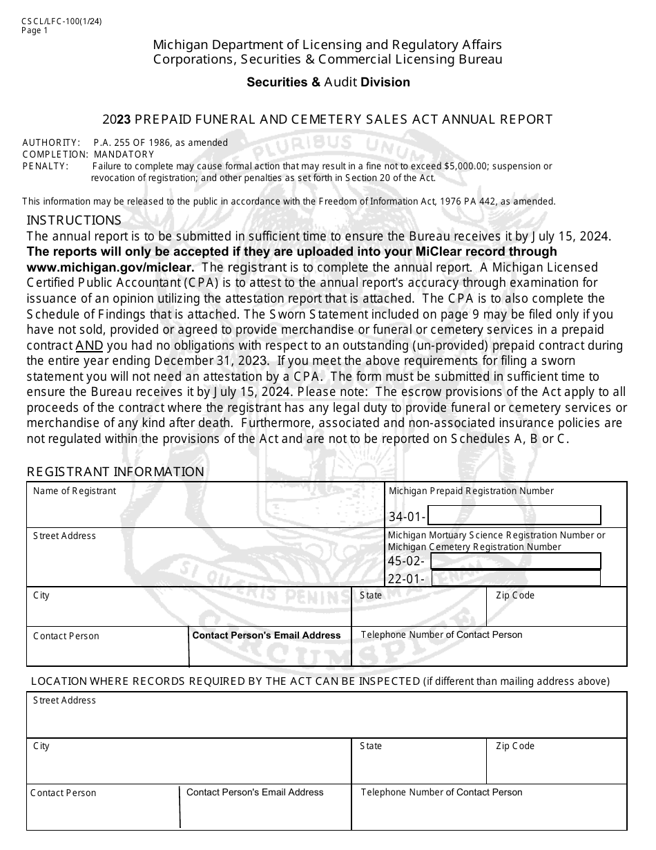 Form CSCL/LFC-100 Download Fillable PDF or Fill Online Prepaid Funeral ...