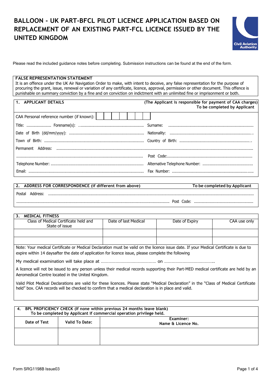 Form SRG1198B Download Fillable PDF or Fill Online Balloon - UK Part-Bfcl Pilot Licence ...