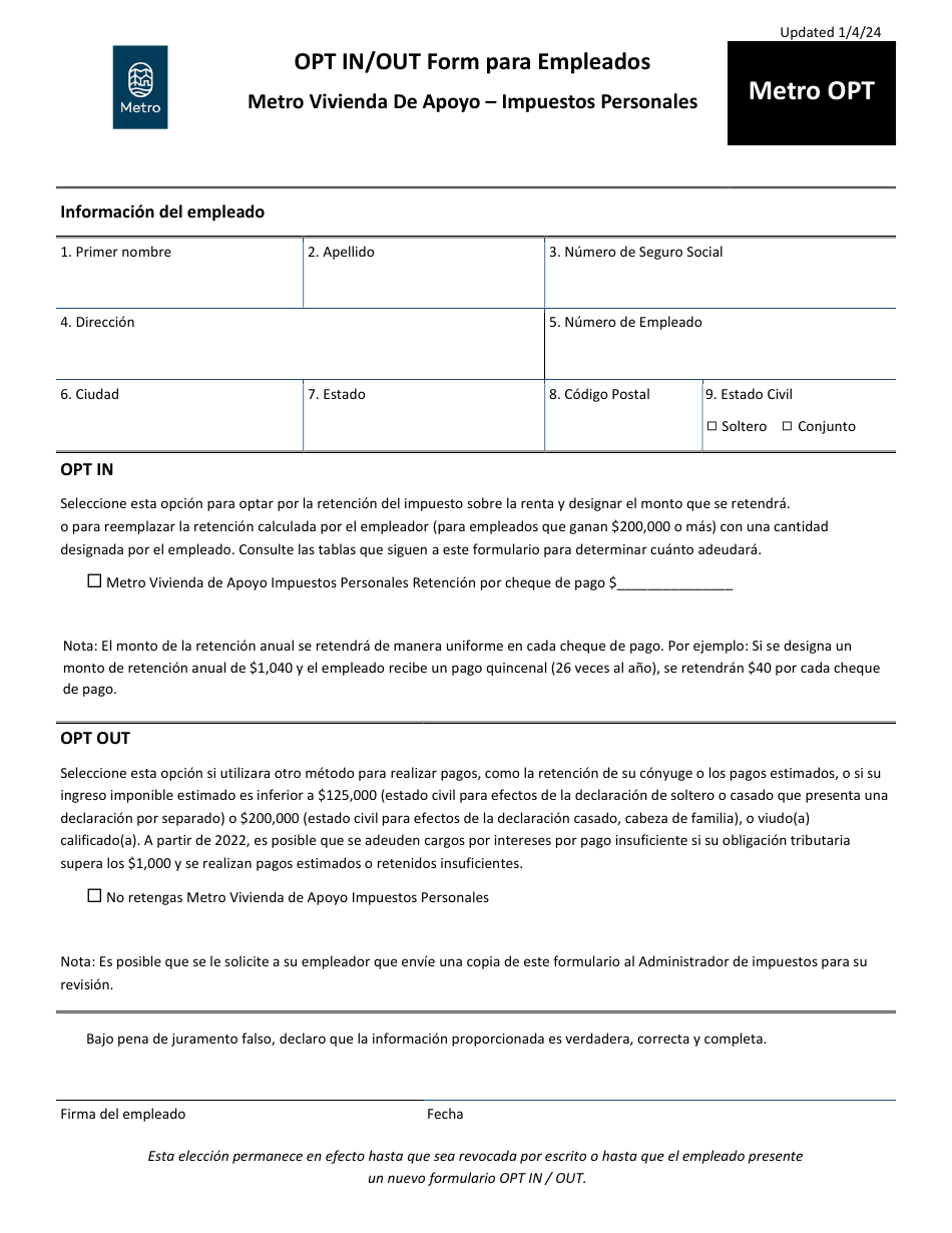 Formulario METRO OPT Download Printable PDF or Fill Online Opt in/Out Form Para Empleados ...