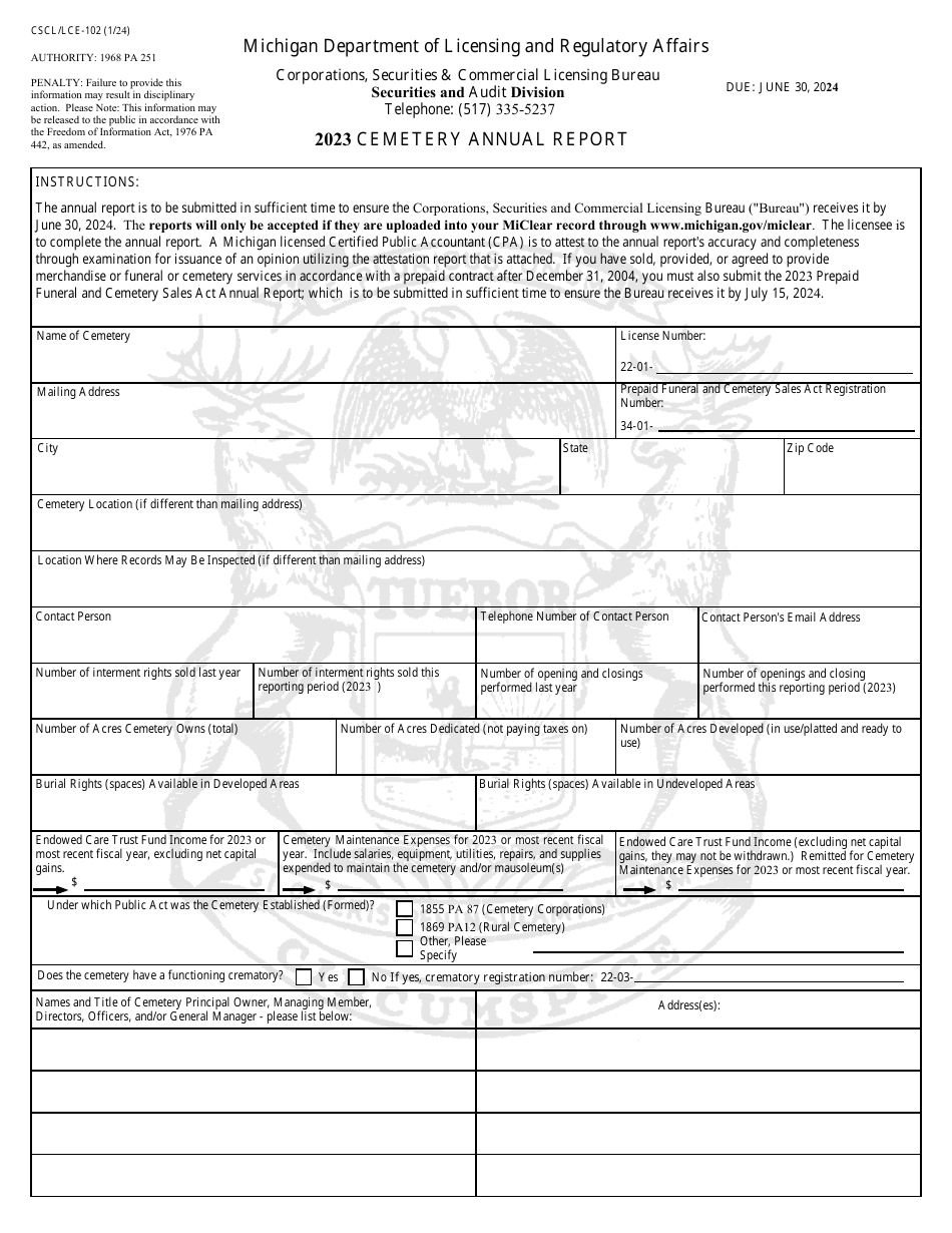 Form CSCL/LCE-102 Download Fillable PDF or Fill Online Cemetery Annual ...
