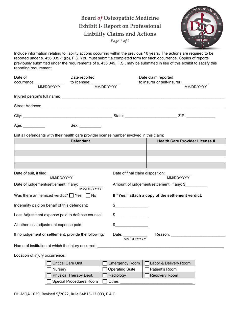 Form DH-MQA1029 Exhibit I - Fill Out, Sign Online and Download Fillable ...