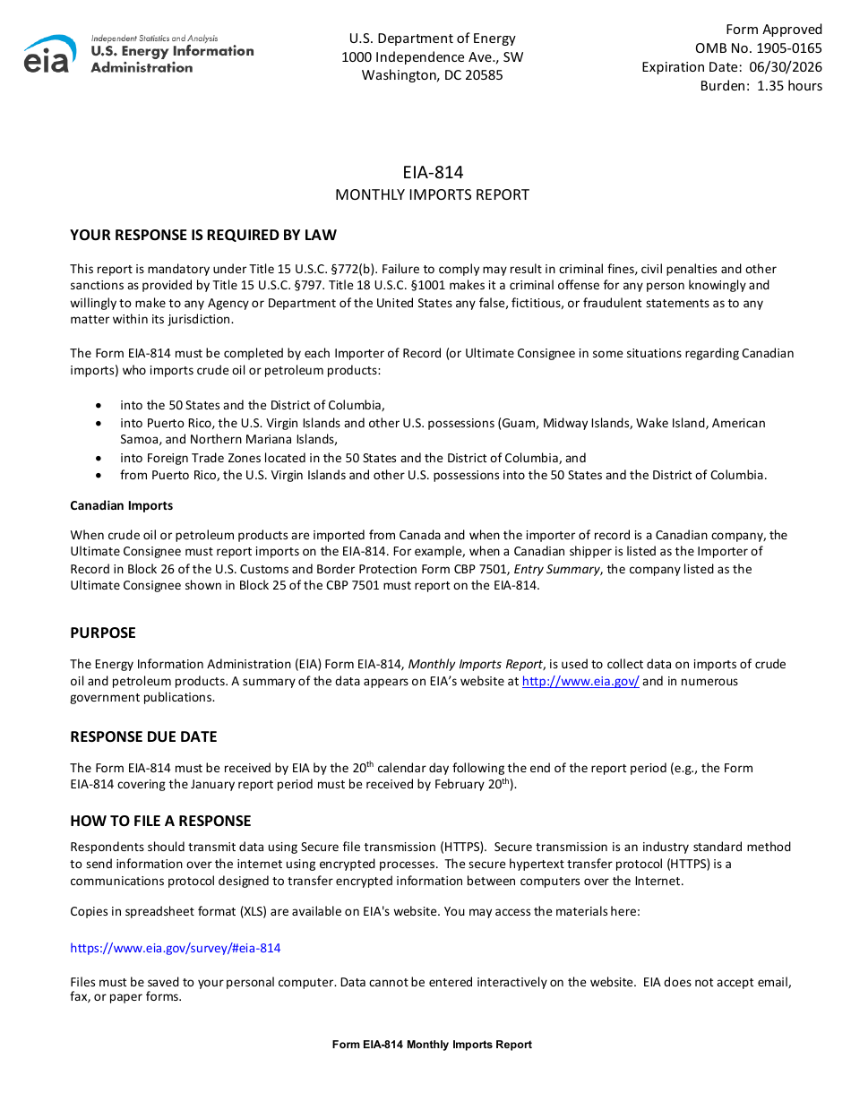 Download Instructions for Form EIA-814 Monthly Imports Report PDF ...