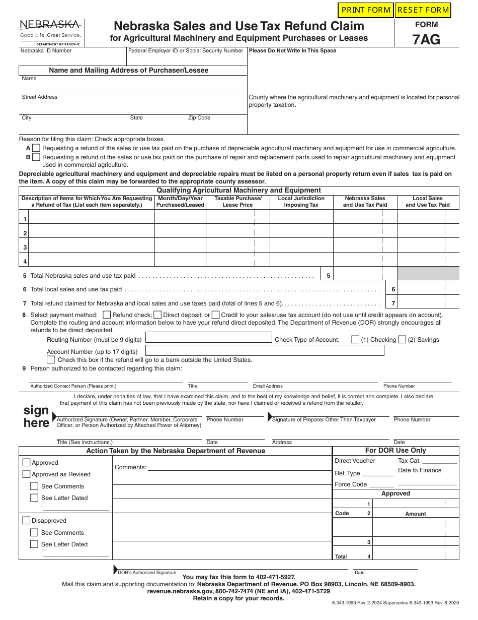 Form 7AG - Fill Out, Sign Online and Download Fillable PDF, Nebraska ...
