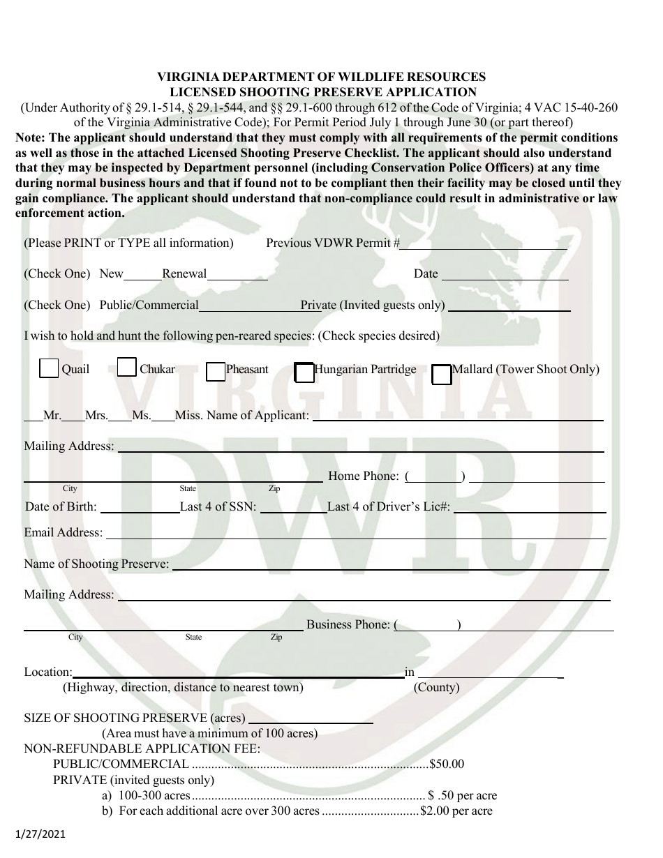 Virginia Licensed Shooting Preserve Application - Fill Out, Sign Online ...