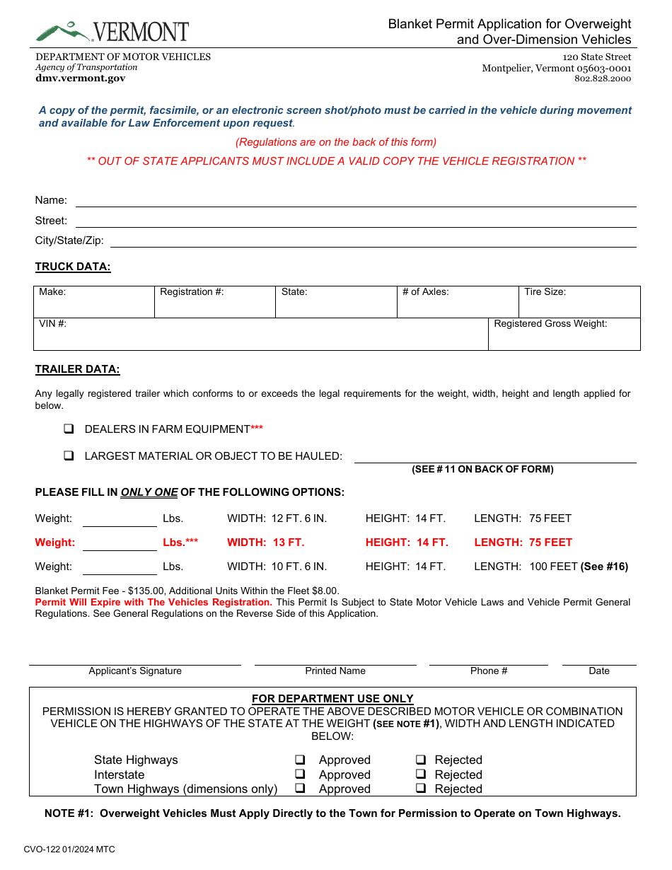 Form CVO-122 Download Printable PDF or Fill Online Blanket Permit ...