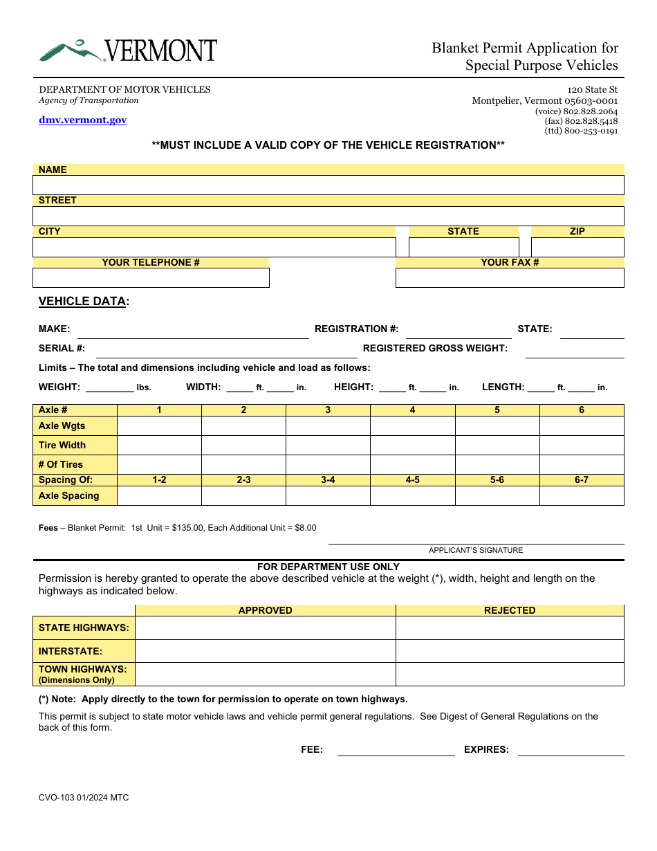 Form CVO-103 Download Printable PDF or Fill Online Blanket Permit ...