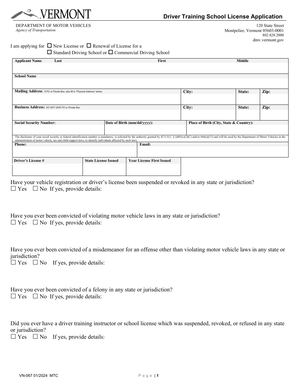 Form VN-067 - Fill Out, Sign Online and Download Fillable PDF, Vermont | Templateroller