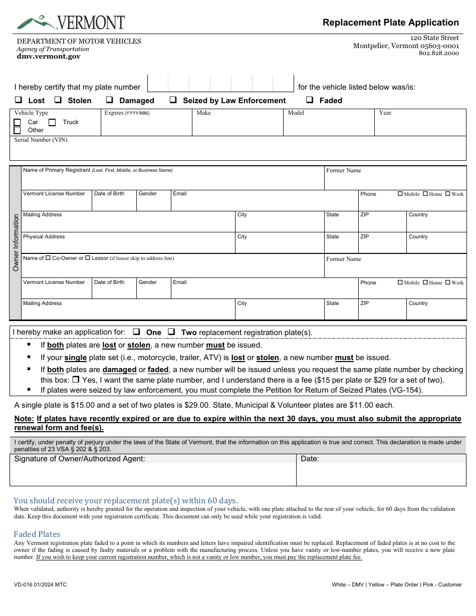 Form VD-016 - Fill Out, Sign Online and Download Fillable PDF, Vermont ...