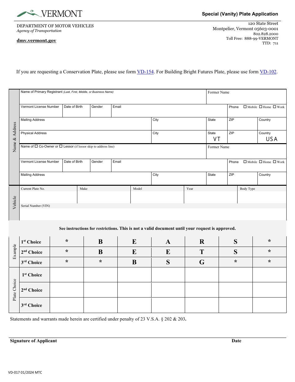 Form VD-017 - Fill Out, Sign Online and Download Fillable PDF, Vermont ...