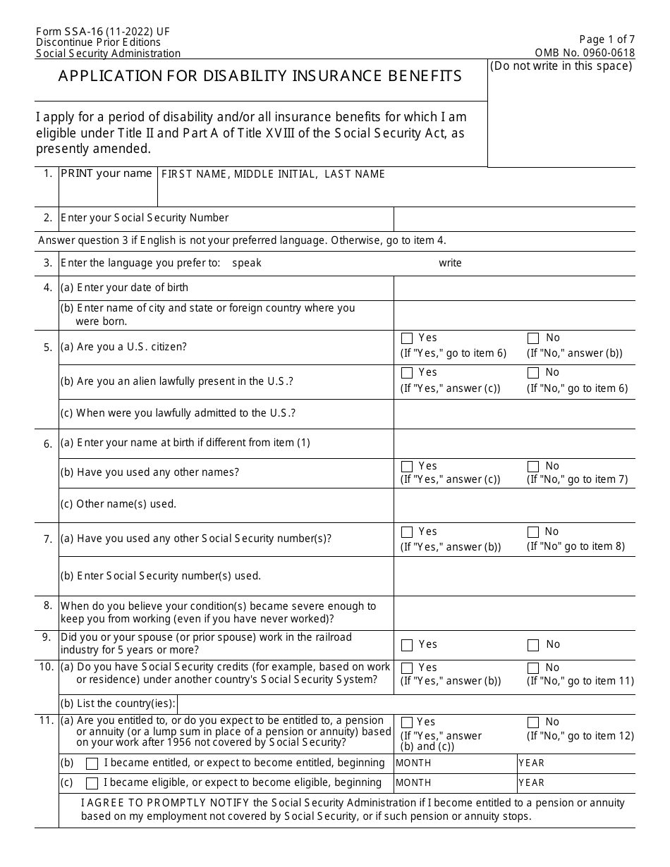Form SSA-16 Download Fillable PDF or Fill Online Application for ...