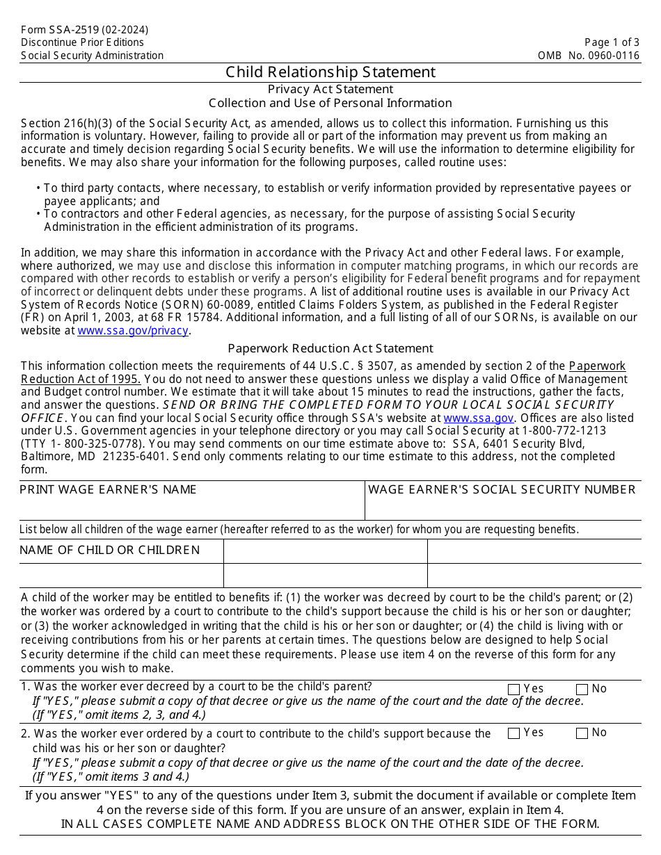 Form SSA-2519 Download Fillable PDF or Fill Online Child Relationship ...