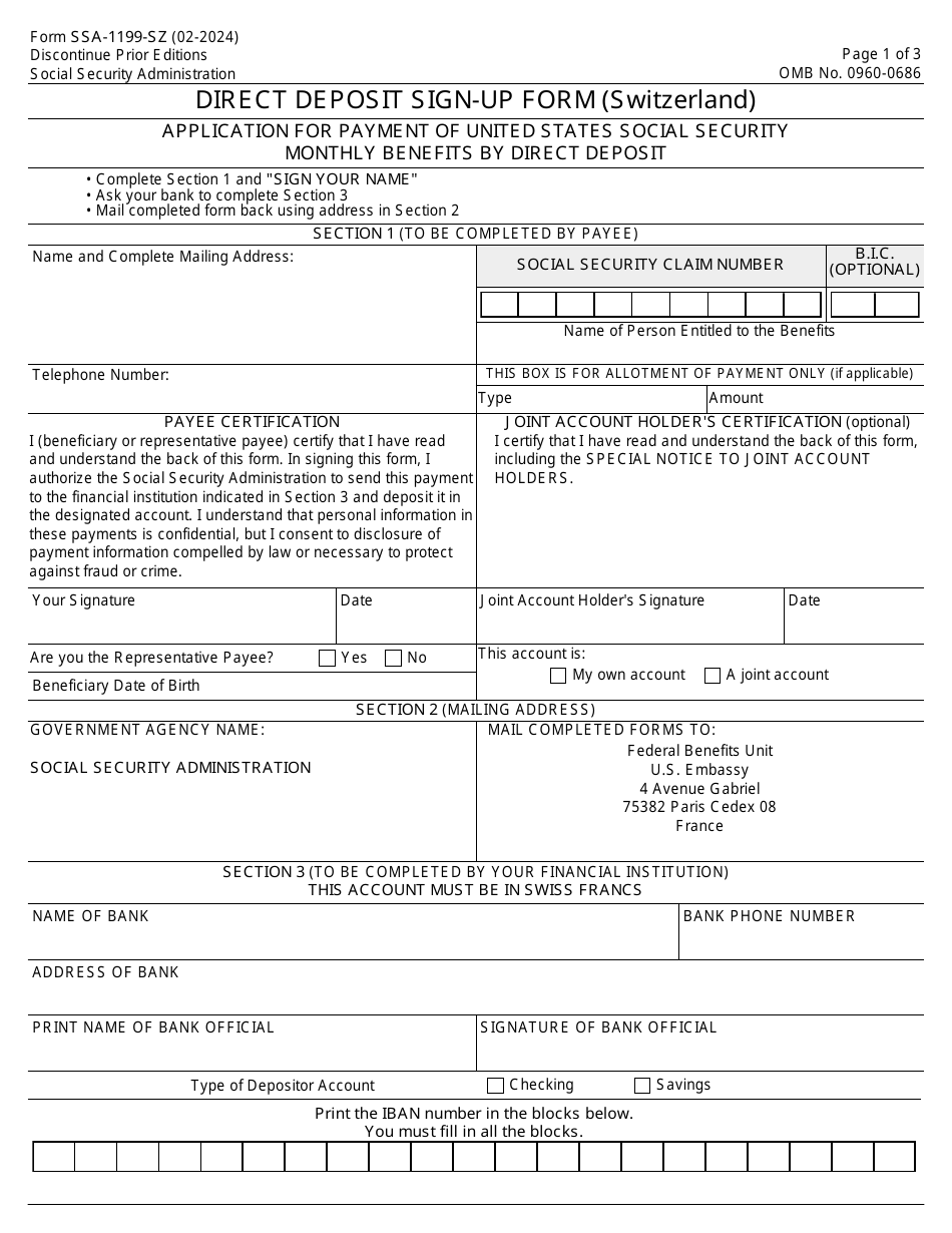 Form SSA-1199-SZ Download Fillable PDF or Fill Online Direct Deposit ...
