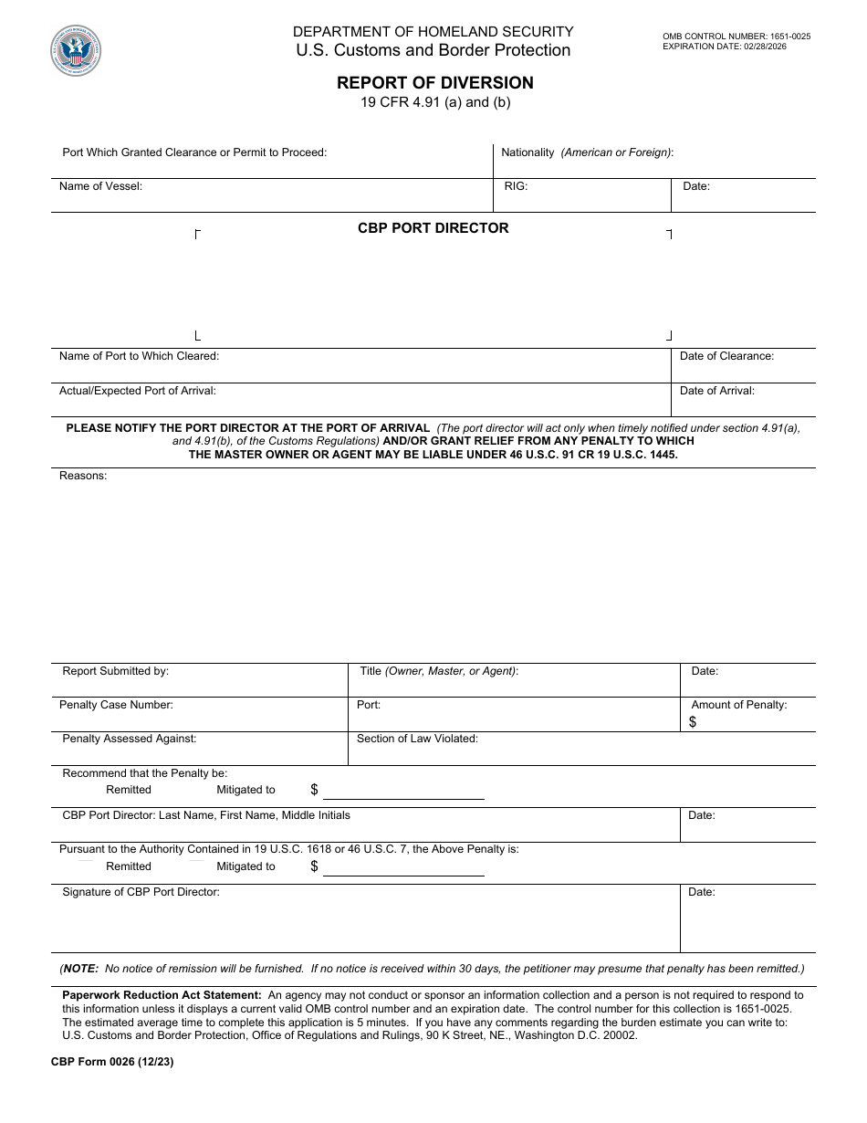 CBP Form 0026 Download Fillable PDF or Fill Online Report of Diversion ...