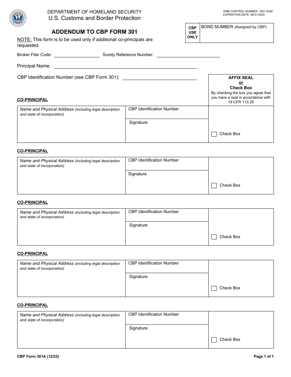 CBP Form 301A Download Fillable PDF or Fill Online Addendum to CBP Form ...