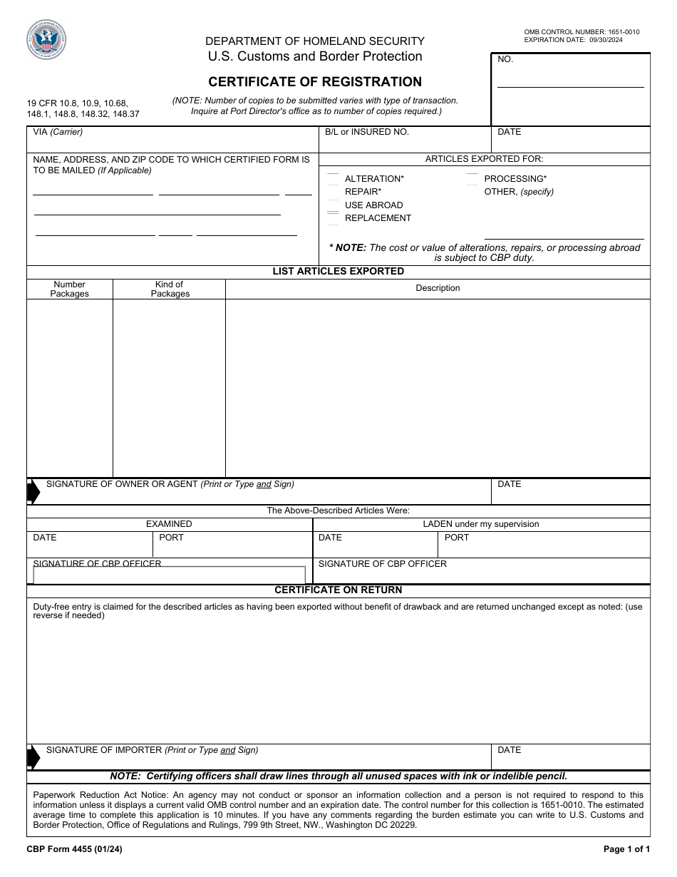 CBP Form 4455 Download Fillable PDF or Fill Online Certificate of ...