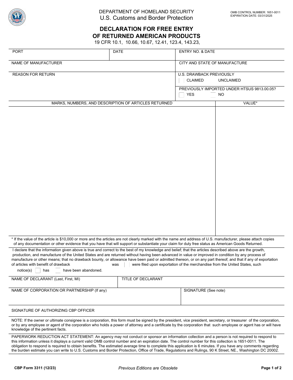 CBP Form 3311 Download Fillable PDF or Fill Online Declaration for Free ...