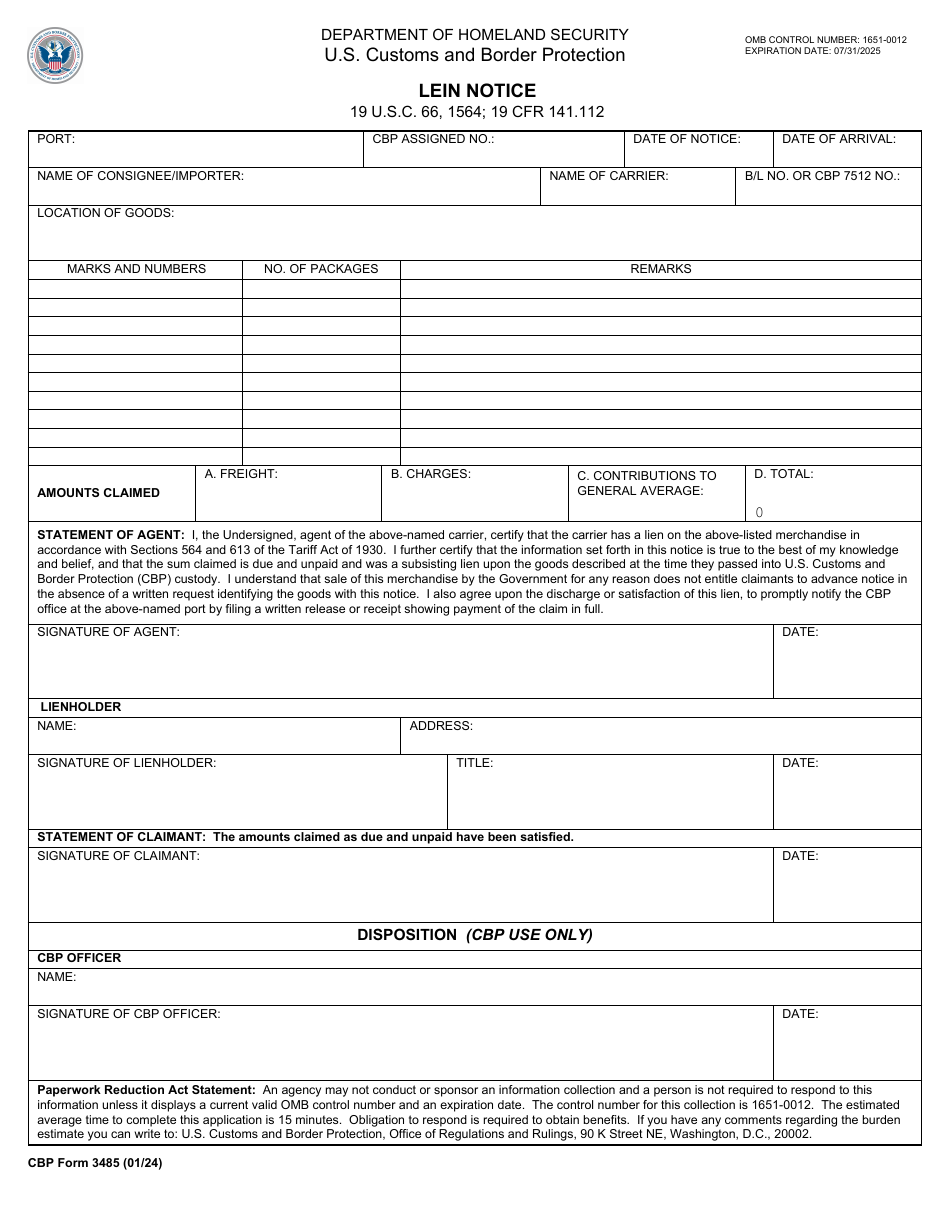 CBP Form 3485 Download Fillable PDF or Fill Online Lein Notice ...