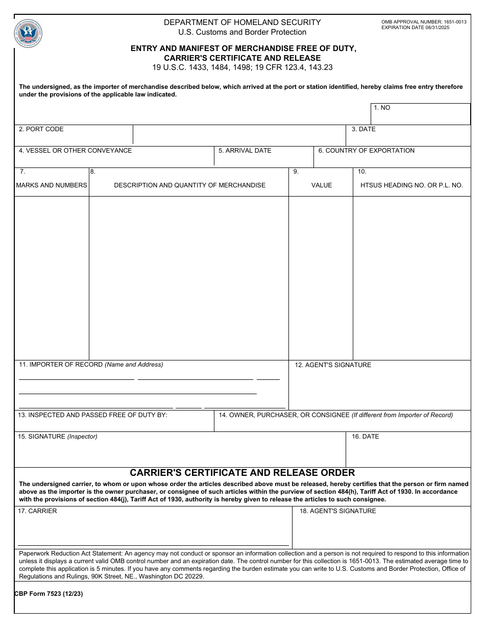 CBP Form 7523 Download Fillable PDF or Fill Online Entry and Manifest ...