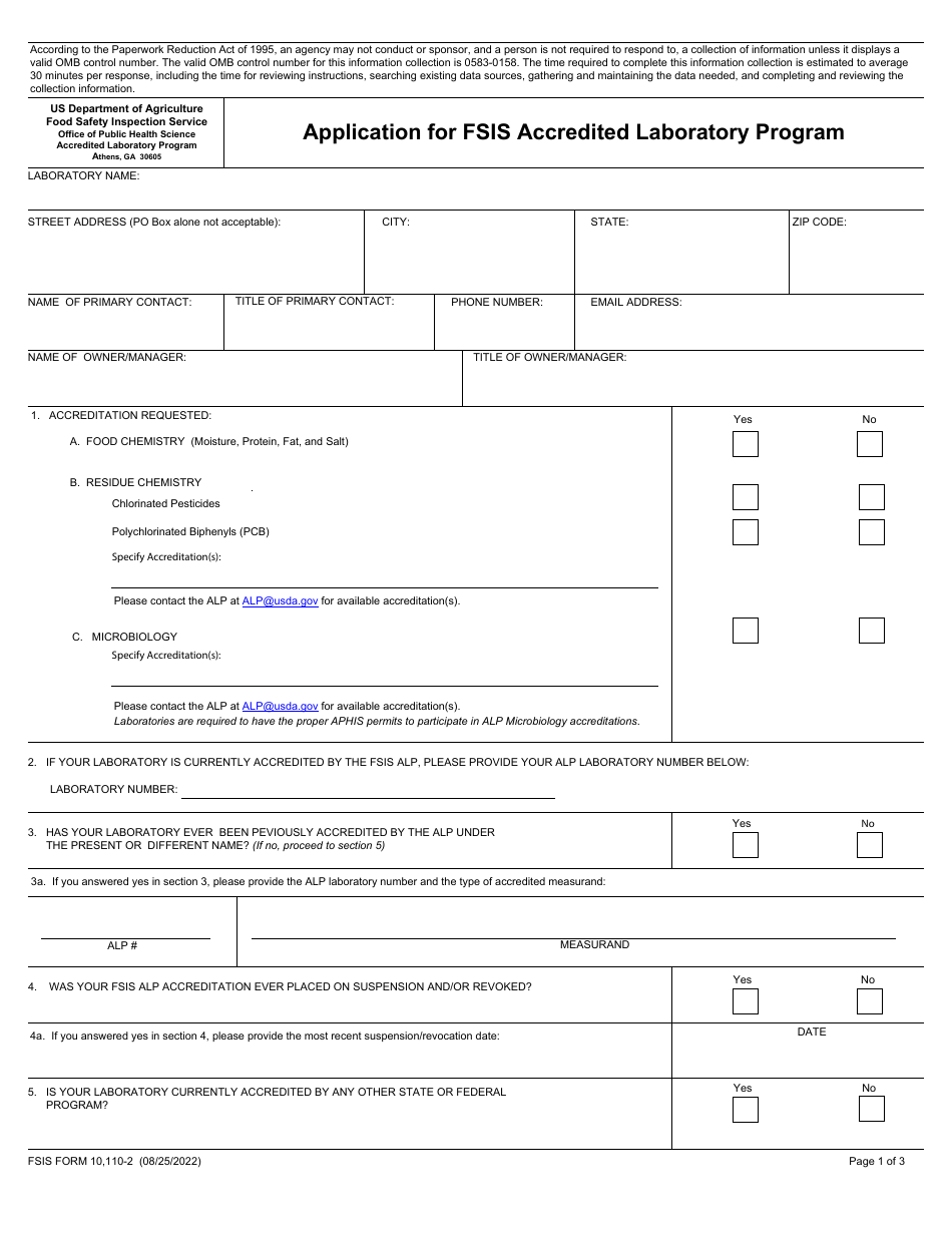 FSIS Form 10,110-2 Download Fillable PDF or Fill Online Application for ...