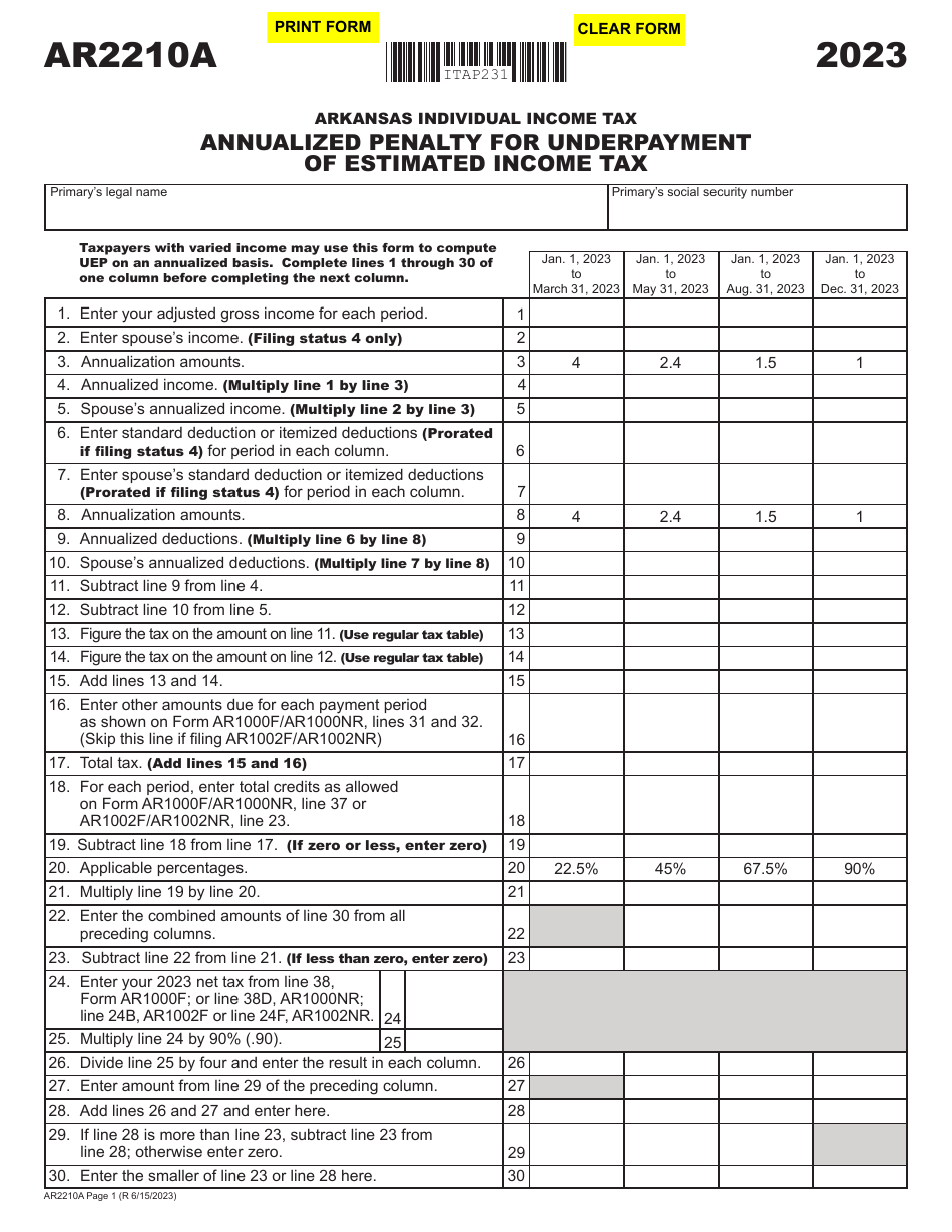 Form AR2210A Download Fillable PDF or Fill Online Annualized Penalty ...