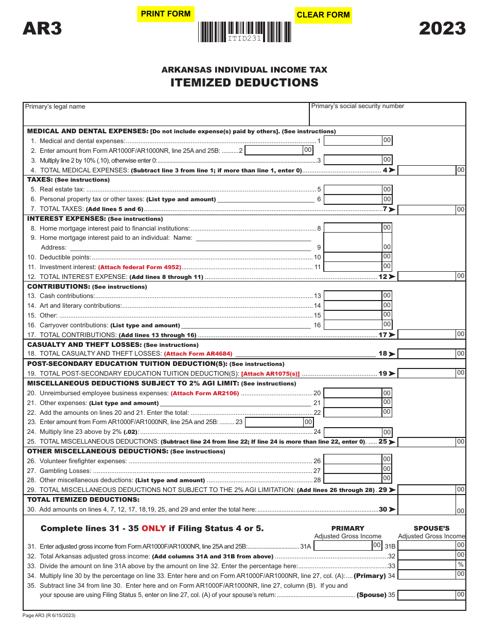 Form AR3 Download Fillable PDF or Fill Online Itemized Deductions ...
