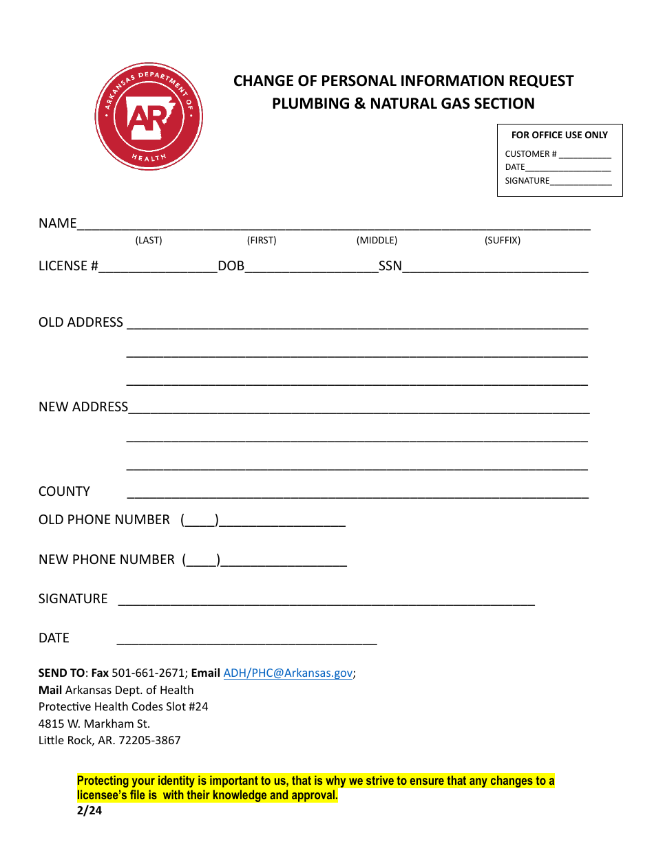 Arkansas Change of Personal Information Request - Plumbing & Natural Gas Section - Fill Out ...