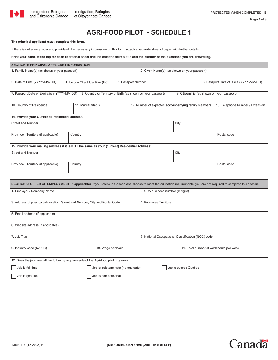 Form IMM0114 Schedule 1 Download Fillable PDF or Fill Online Agri-Food ...