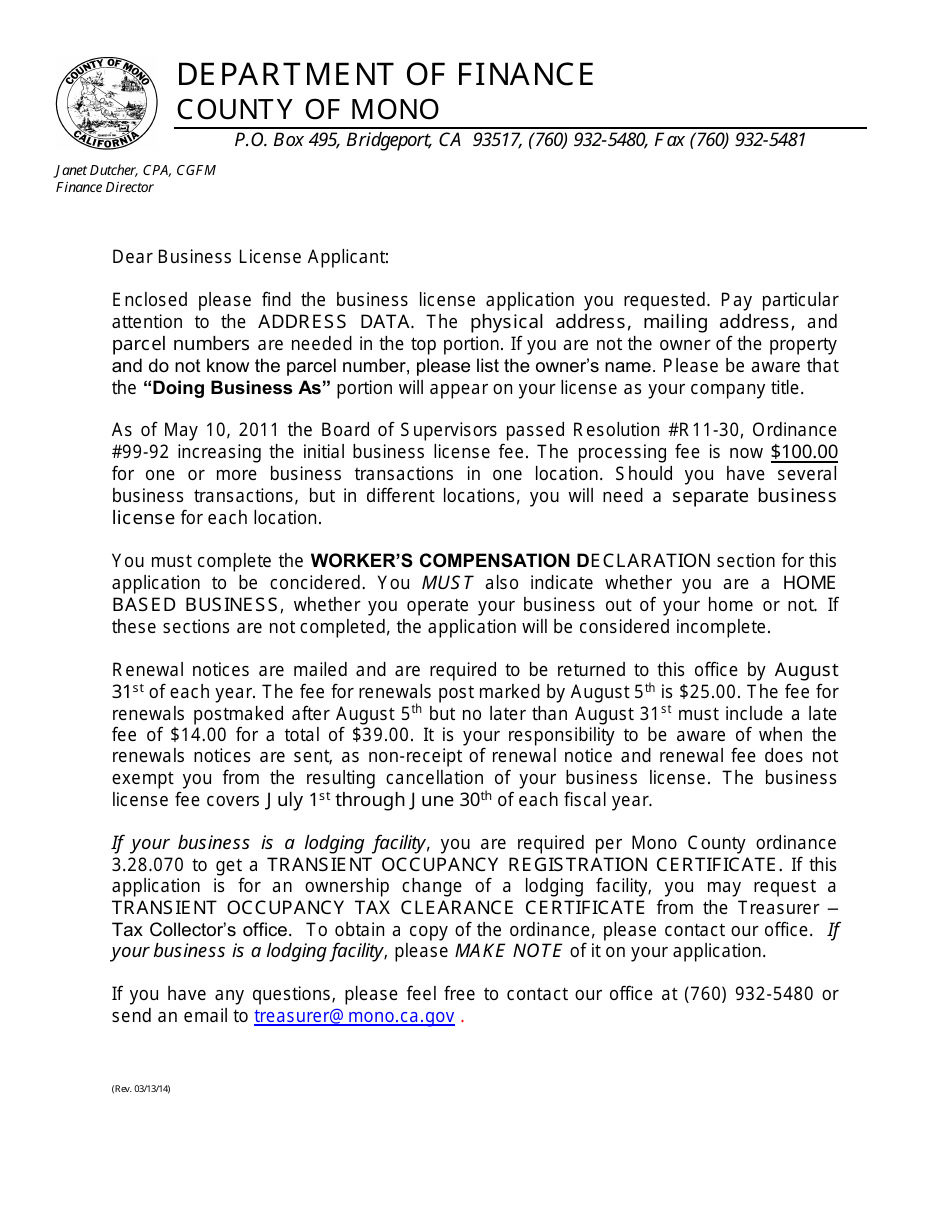 Mono County, California Application for Business License - Fill Out ...