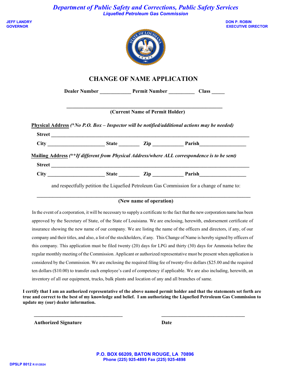 Form DPSLP8012 Download Printable PDF or Fill Online Change of Name ...