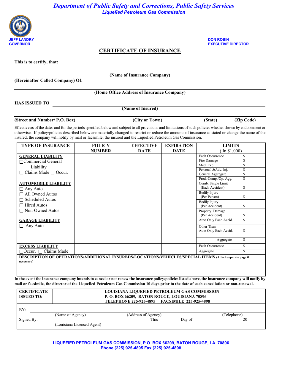 Louisiana Certificate of Insurance - Fill Out, Sign Online and Download ...