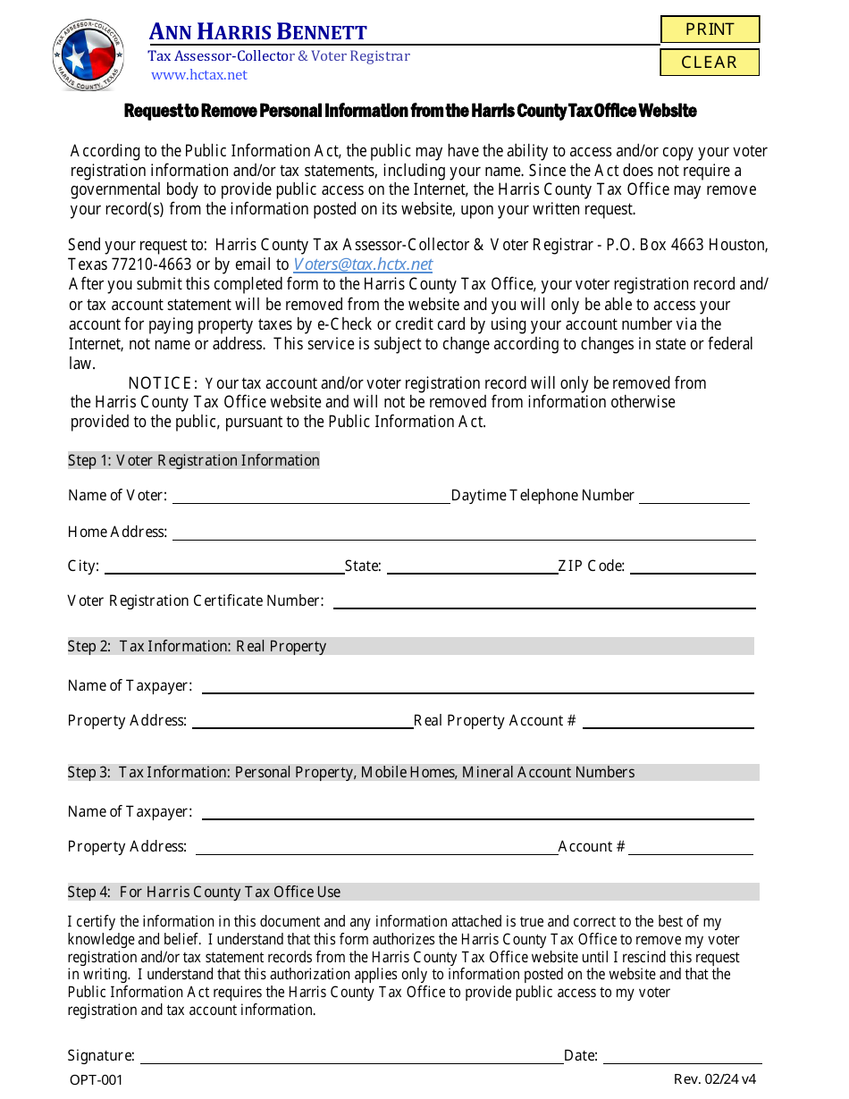 Form OPT-001 - Fill Out, Sign Online and Download Fillable PDF, Harris ...