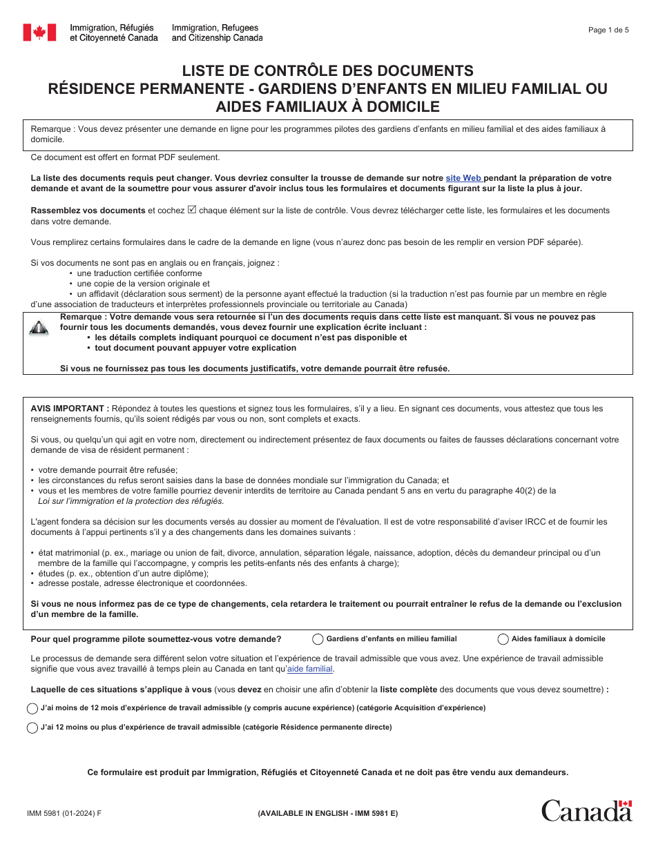Forme IMM5981 Download Fillable PDF or Fill Online Liste De Controle ...
