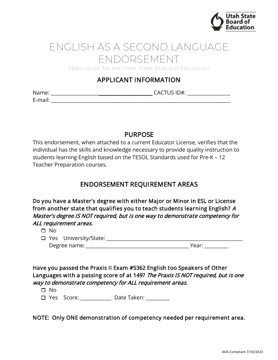 Utah English as a Second Language Endorsement Application - Fill Out, Sign Online and Download ...