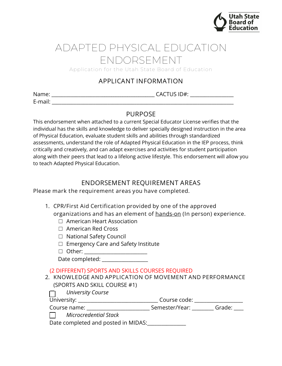 Utah Adapted Physical Education Endorsement Application - Fill Out ...